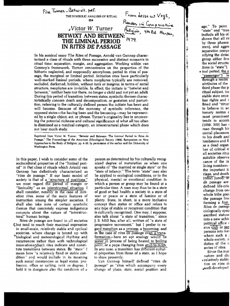 Victor Turner, Betwixt Between Liminality in Ritual Process | PDF | Rituals