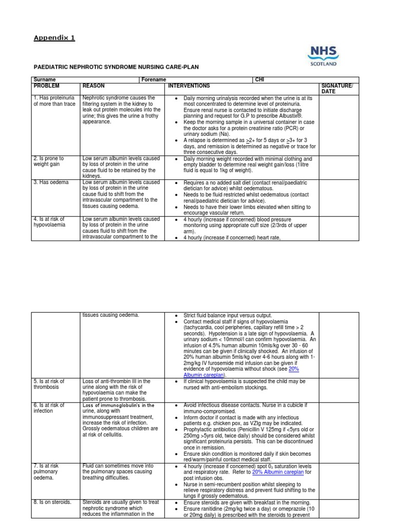 Nephrotic Syndrome Appendix 1 Nursing Care Plan 2017 | PDF | Edema ...