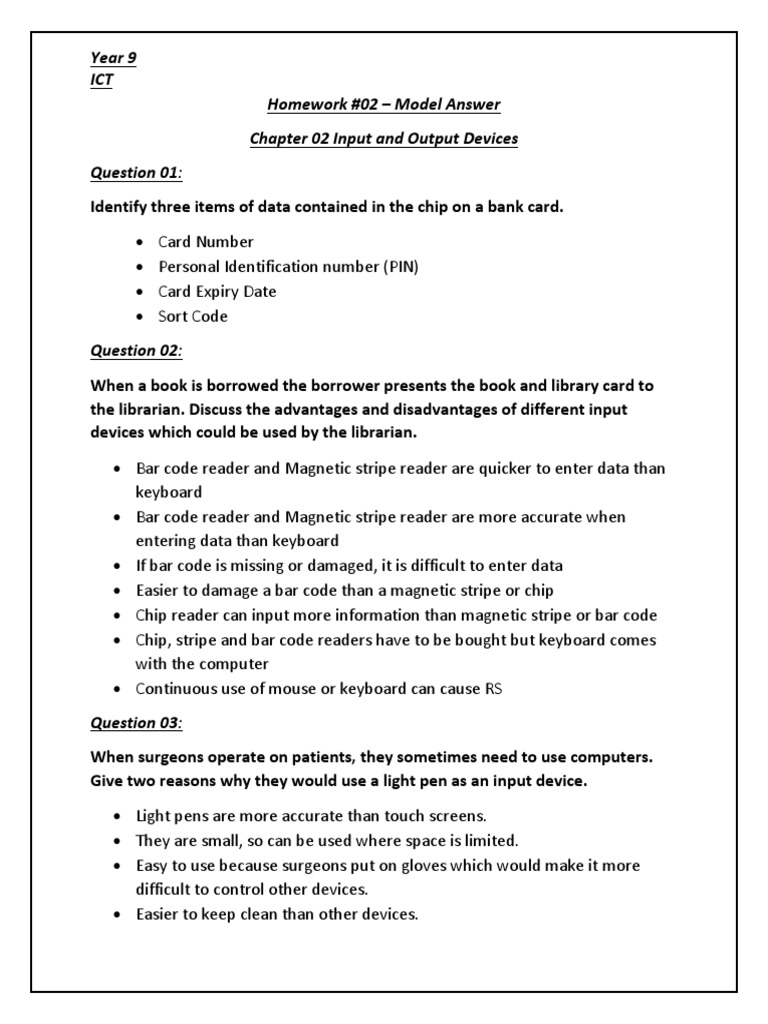 Year 9 ICT Homework #02 - Model Answer Chapter 02 Input and Output Devices | PDF | Printer ...