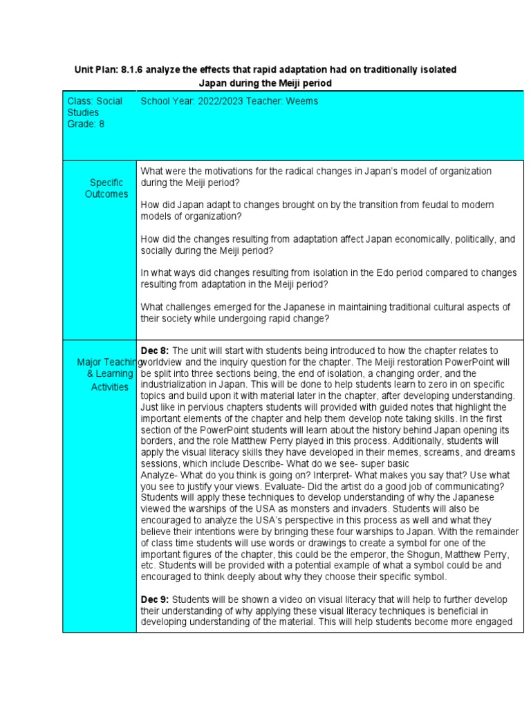 Meiji Restoration Unit Plan | PDF | Vocabulary | Literacy