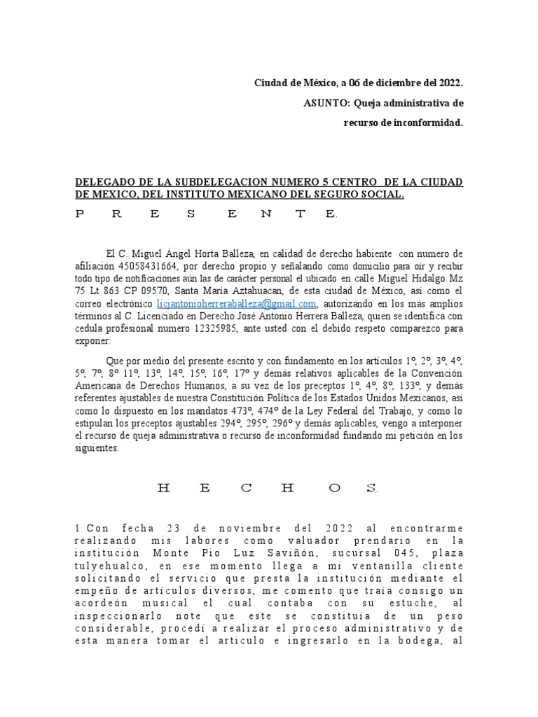 Recurso de Inconformidad IMSS MAHB | PDF | Etica Aplicada