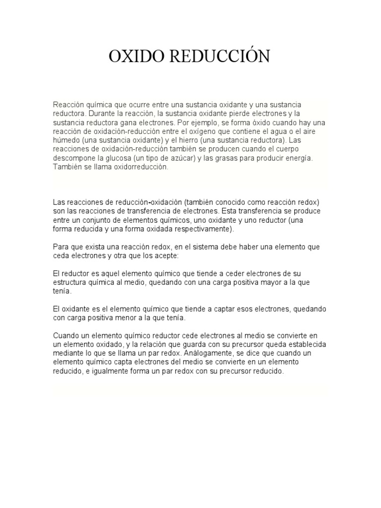 OXIDO REDUCCIÓN | PDF | Redox | Reacciones químicas
