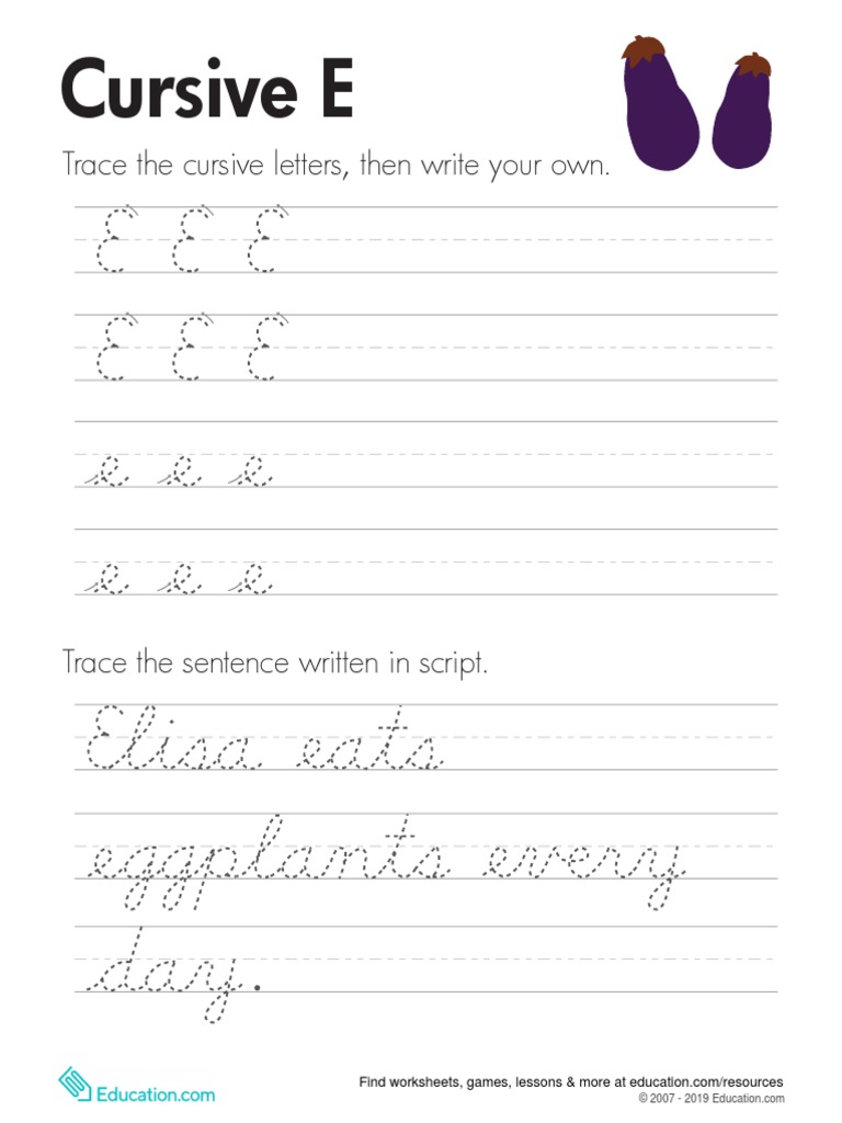 Learn Cursive E with Tracing Worksheets | PDF