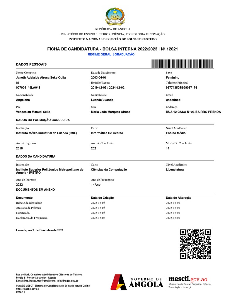Ficha - Candidatura - Janeth Adelaide Airosa Seke Quila | PDF