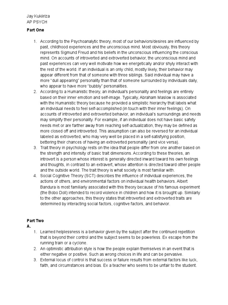 AP Psych Theories of Personality | PDF | Extraversion And Introversion ...