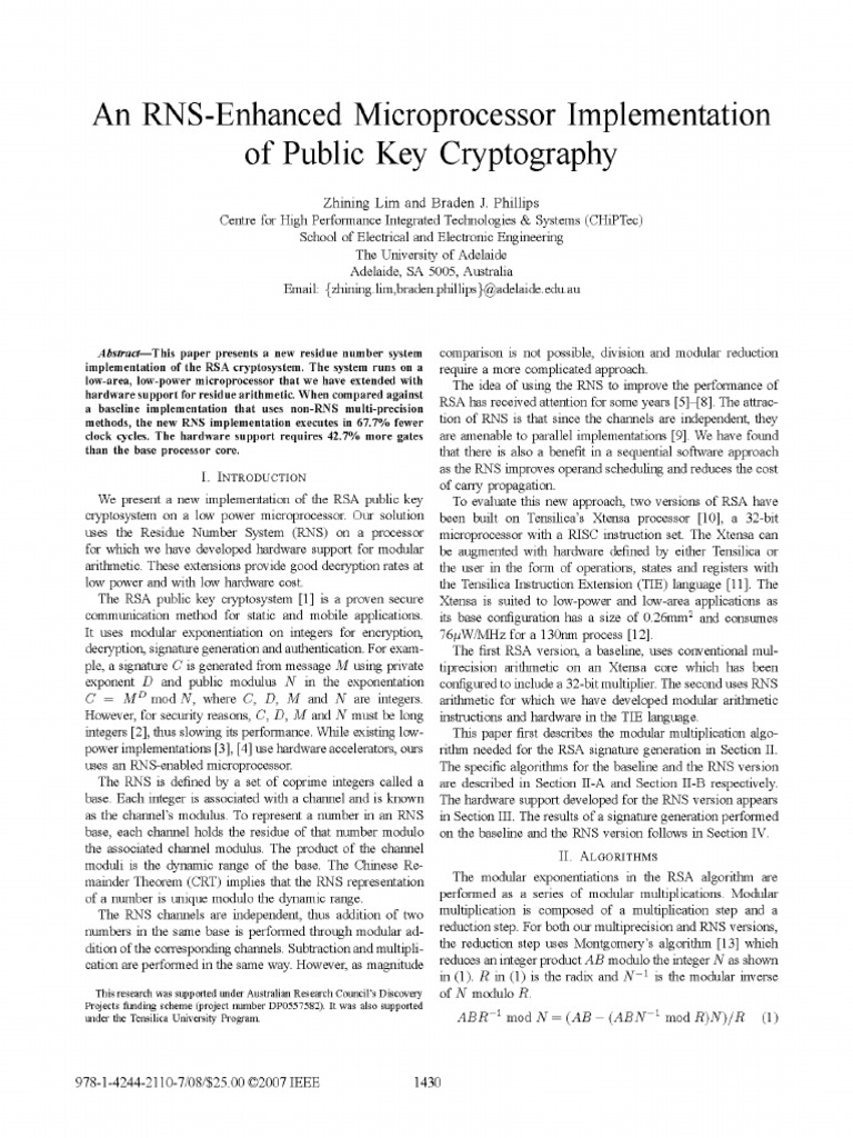 Implementation Cryptography: RNS-Enhanced Microprocessor Public Key | PDF | Central Processing ...