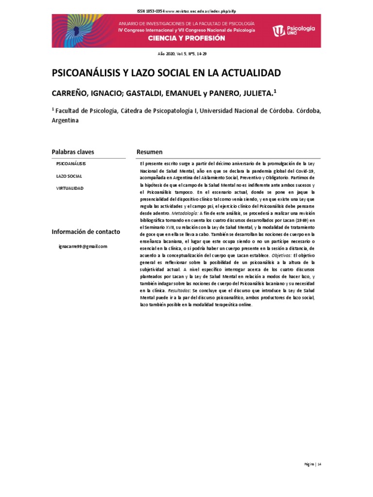 Psicoanálisis Y Lazo Social en La Actualidad: Carreño, Ignacio Gastaldi ...