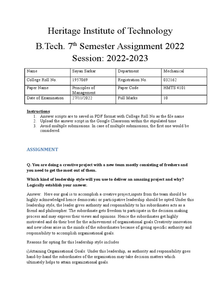 Heritage Institute of Technology B.Tech. 7 Semester Assignment 2022 Session: 2022-2023 | PDF ...