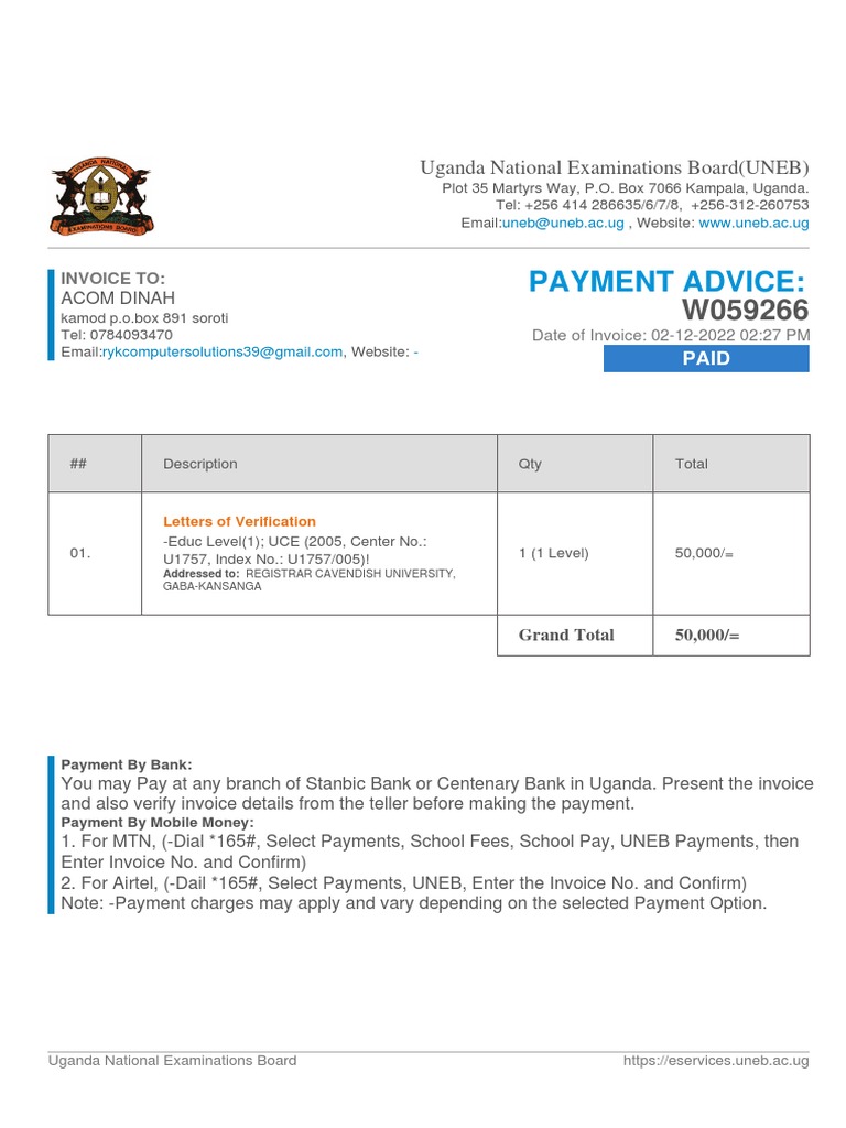 UNEB invoice for letter verification | PDF
