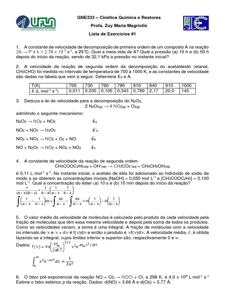 Lista De Exercícios 1 Cinética Pdf Reações Químicas Natureza
