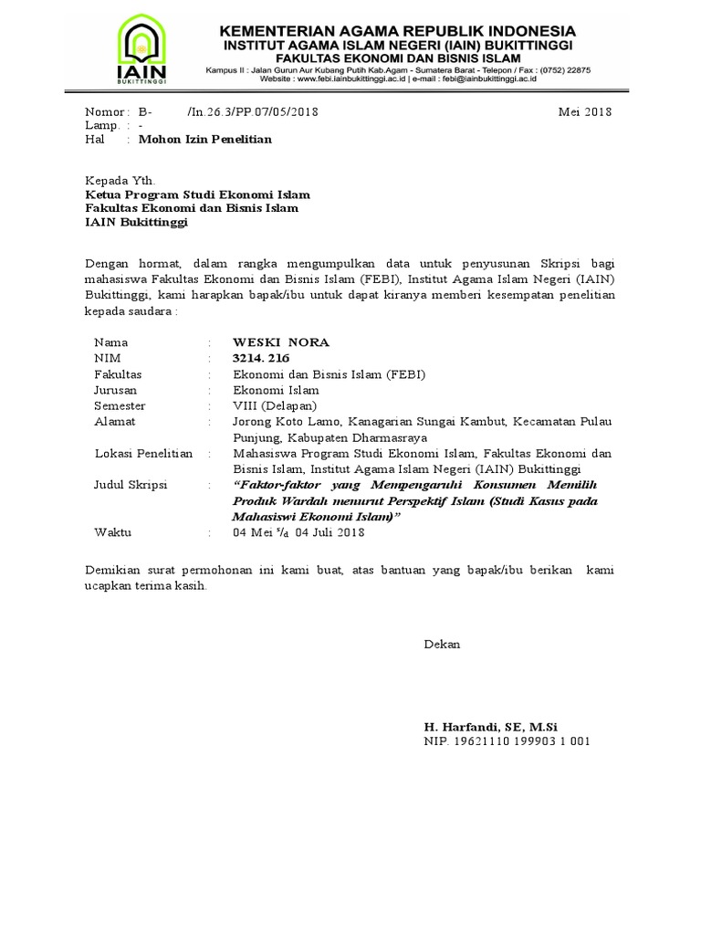 Surat Izin Penelitian Skripsi FEBI | PDF
