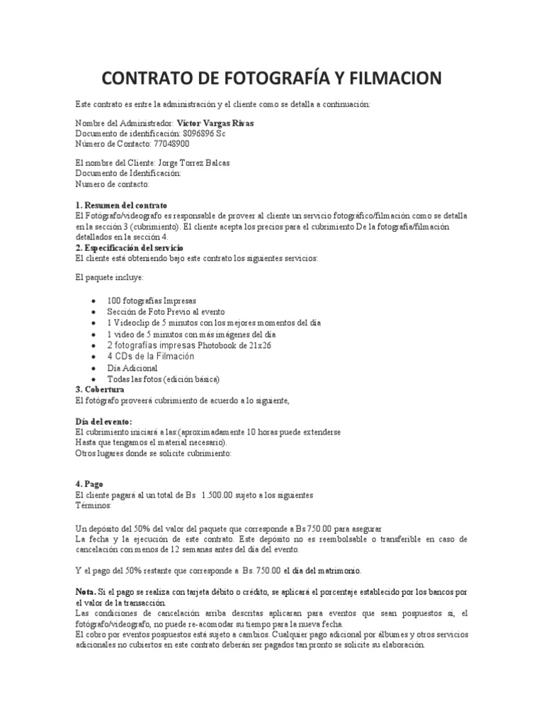 Contrato de Fotografía y Filmacion | PDF