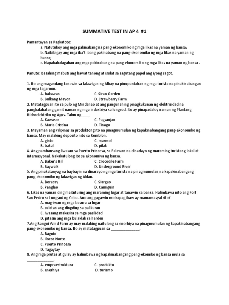 Summative Test in Ap 4 #1: Panuto: Basahing Mabuti Ang Bawat Tanong at ...