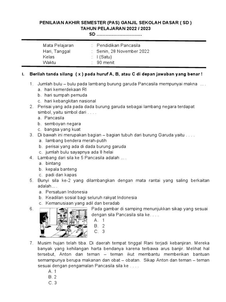 1 SOAL PAS - Pend. Pancasila - KLS 1 | PDF