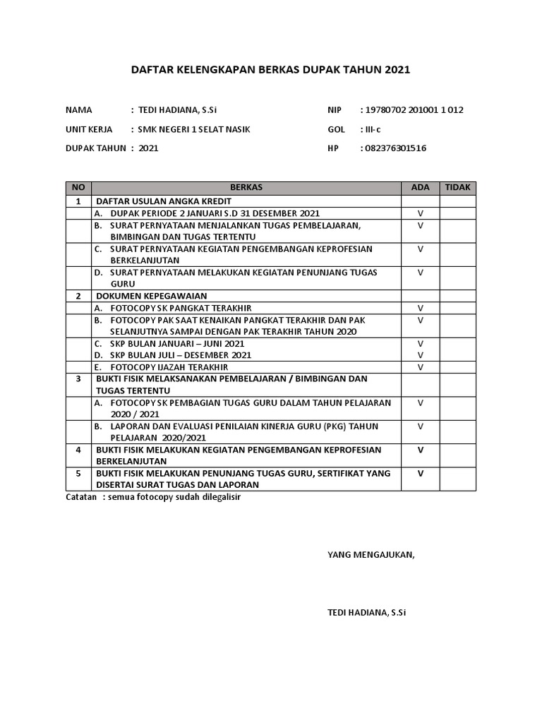 Daftar Kelengkapan Berkas Dupak Tahun 2021 | PDF