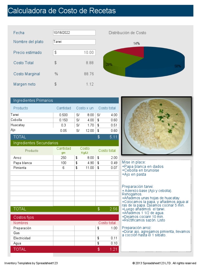 Planilla de Excel Calculadora de Costo de Recetas | PDF | Cocina de las ...