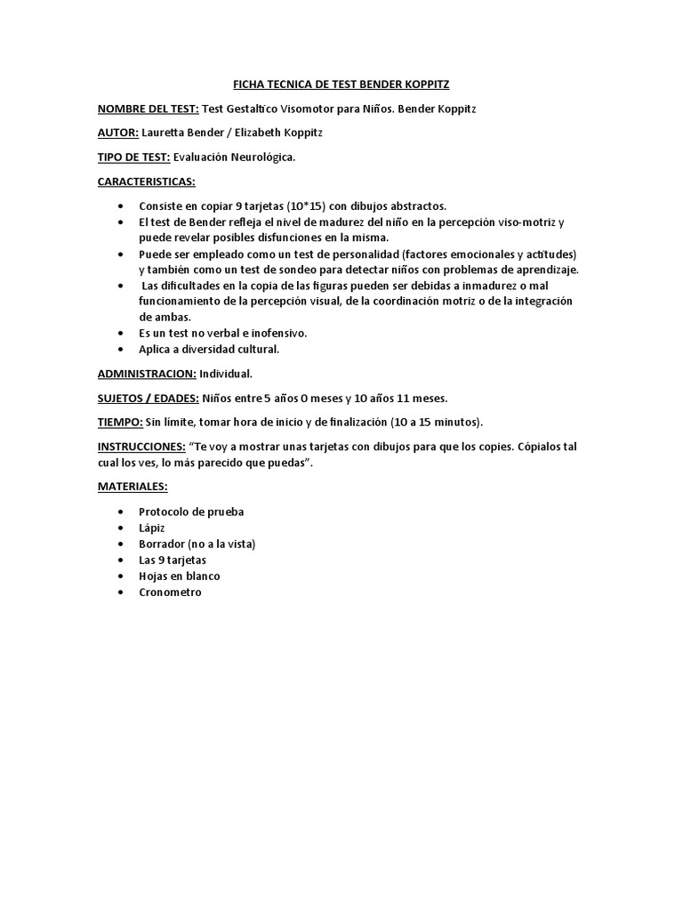 Ficha Tecnica de Test Bender Koppitz | PDF