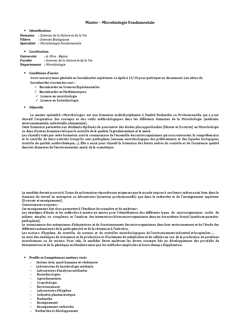Master en Microbiologie Fondamentale | PDF | Infection | Bactérie