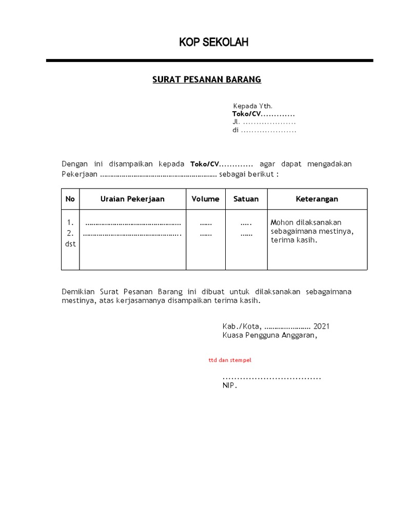 Contoh Surat Pesanan Barang Sekolah | PDF
