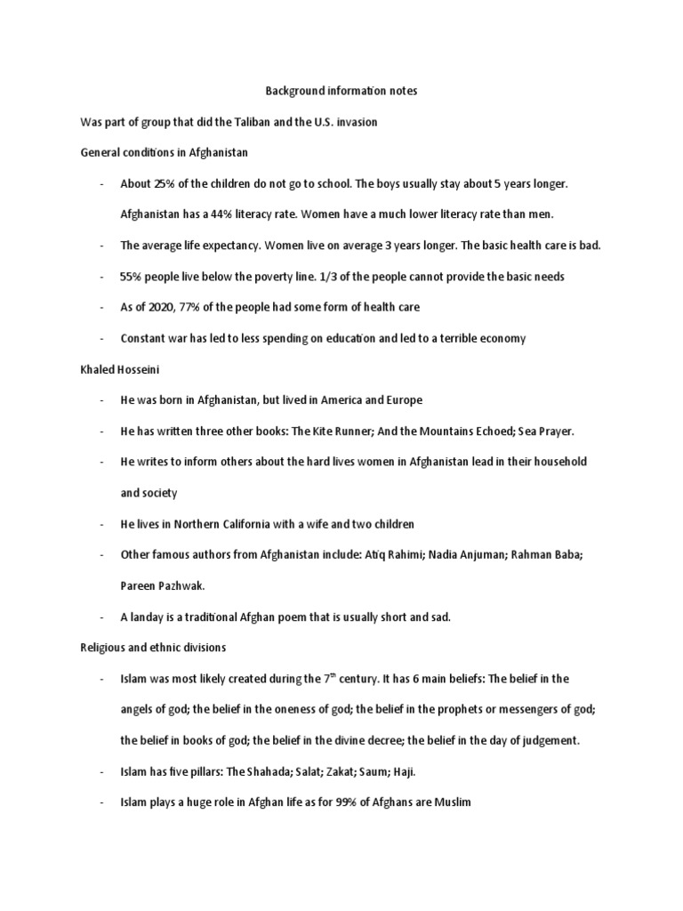 Thousand Splendid Suns Background Information Notes | PDF | Afghanistan ...