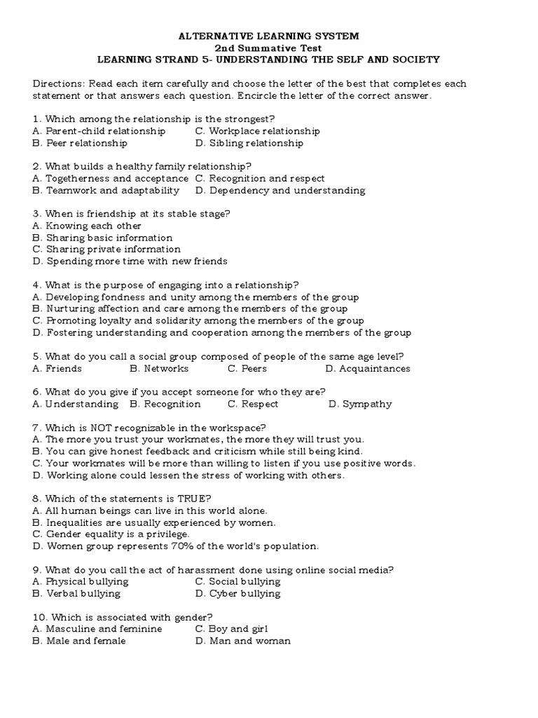 LS5 Understanding Self and Society Test | PDF