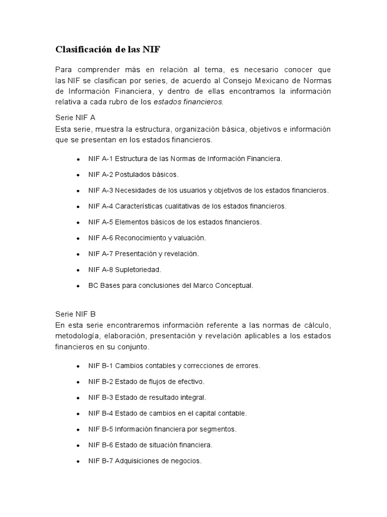 Clasificación de las NIF | PDF | Estado financiero | Contabilidad
