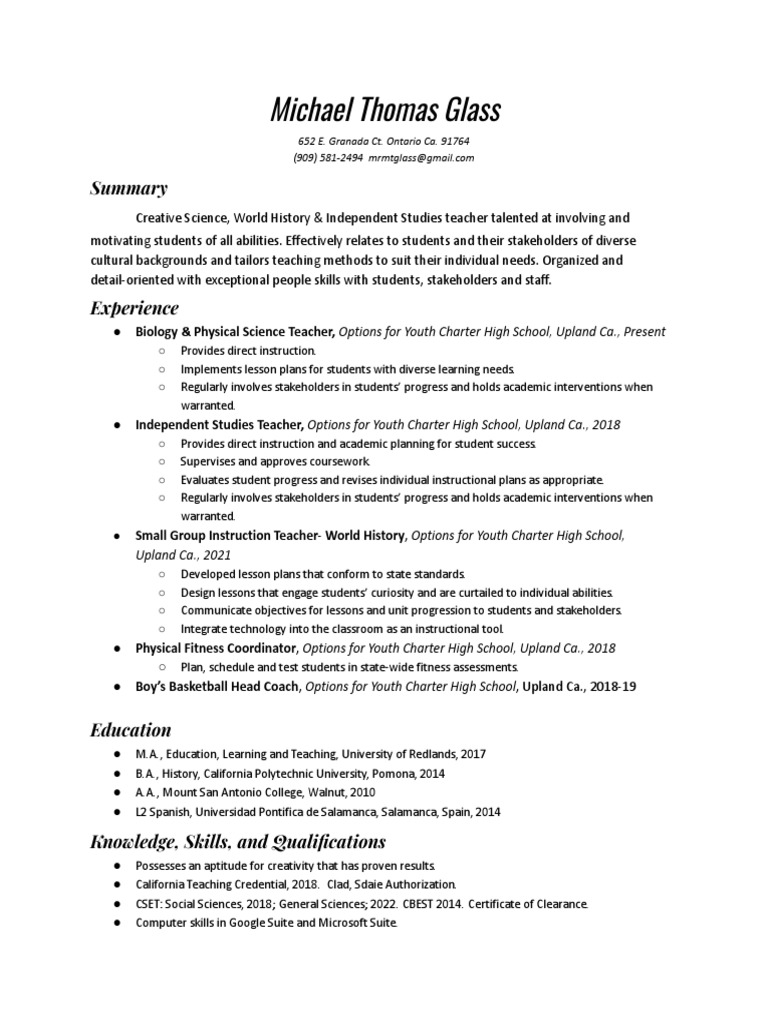 Michael Thomas Glass Resume 2022 1 | PDF | Teachers | Teaching Method