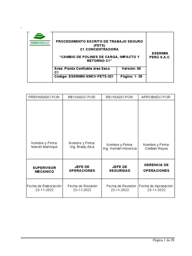 Pets Cambio de Polines | PDF | Seguridad y salud ocupacional | Valores