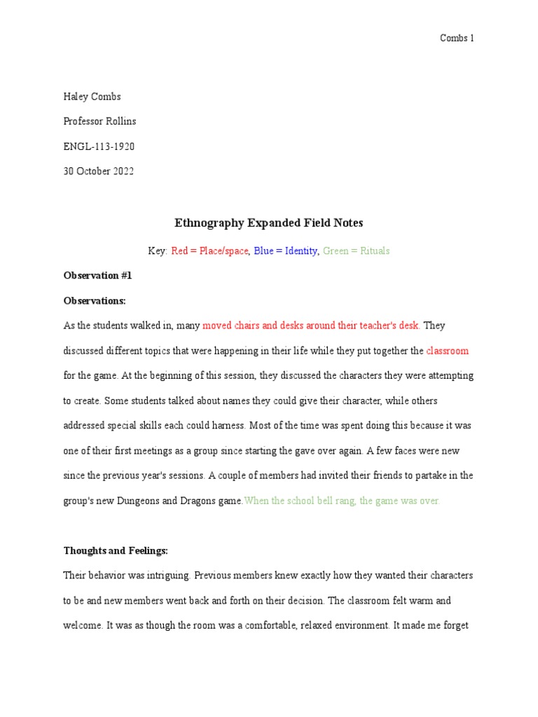 Ethnography Expanded Field Notes | PDF | Classroom