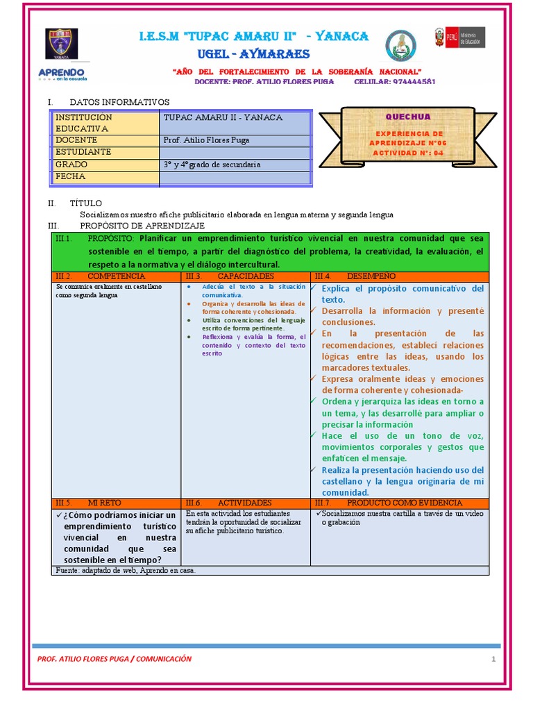 6TA EXP. QUECHUA 3° y 4° ACTIVIDAD N° 04 (1) | PDF | Comunicación | Aprendizaje