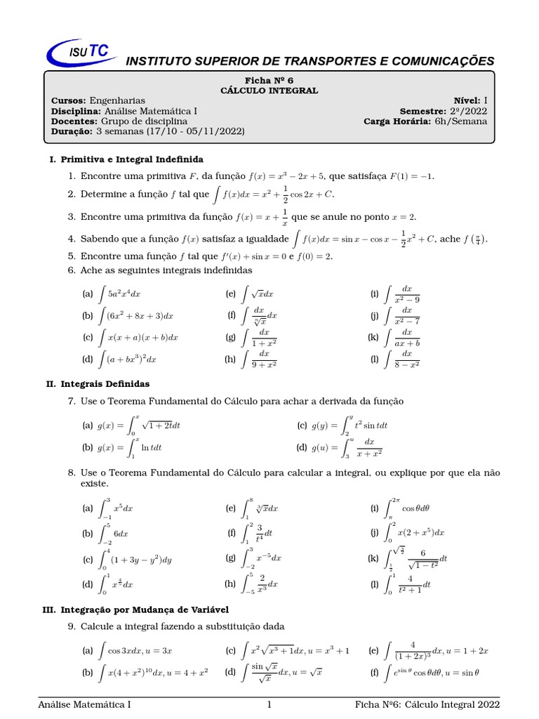 Cálculo Integral: Primitivas, Integrais Definidas e Mudança de Variável ...