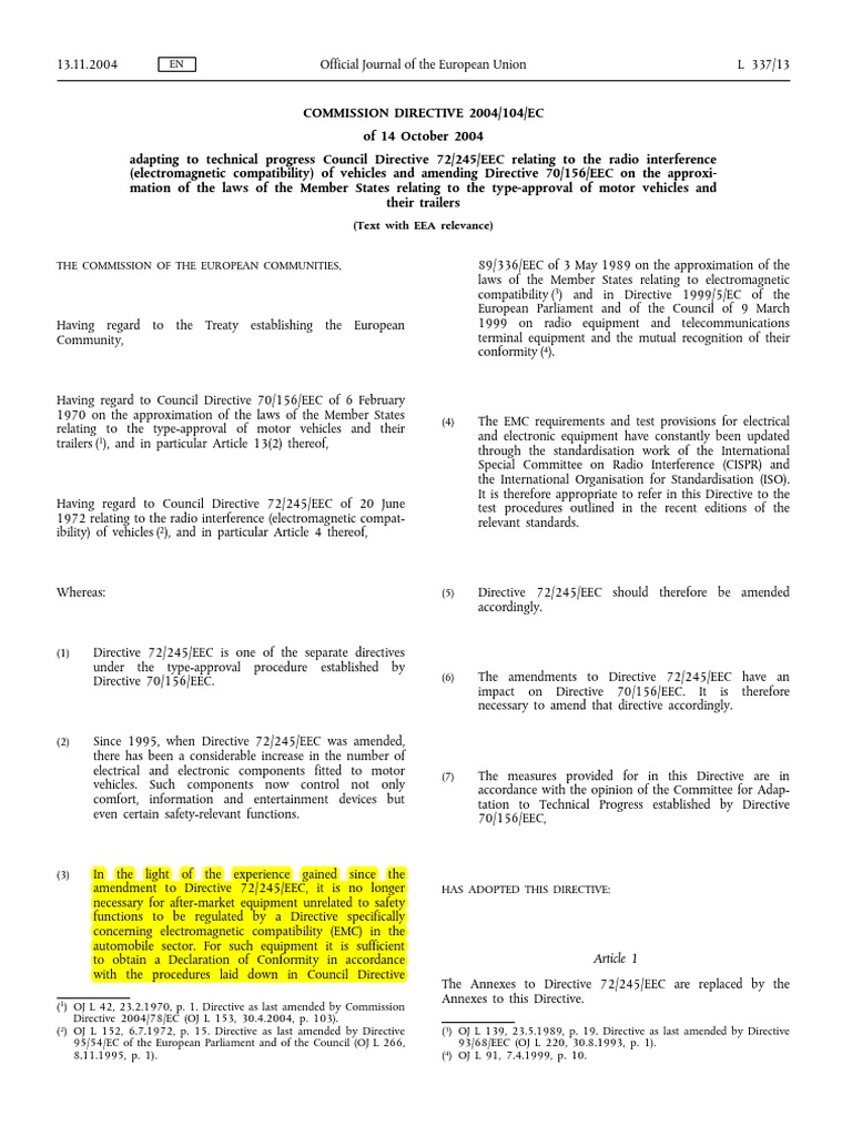 Automotive Directive 2004 104 EC | PDF | Electromagnetic Compatibility ...