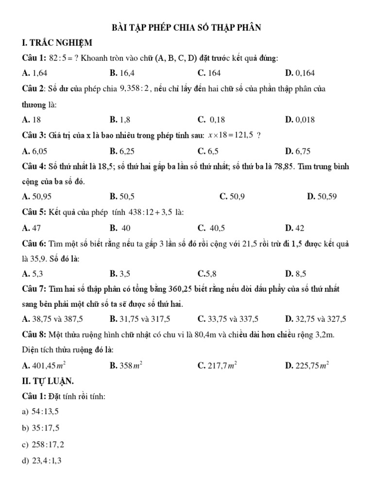 Bai Tap Phep Chia So Thap Phan Lop 5 | PDF