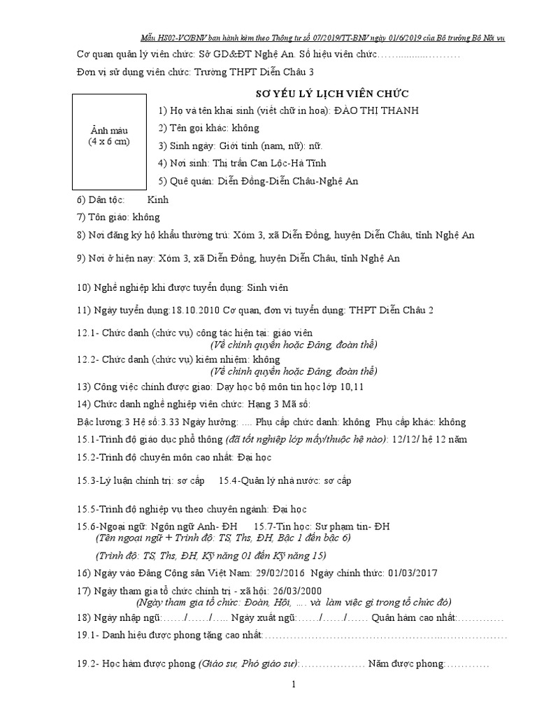 SYLL mẫu HS02-VC của BNV | PDF