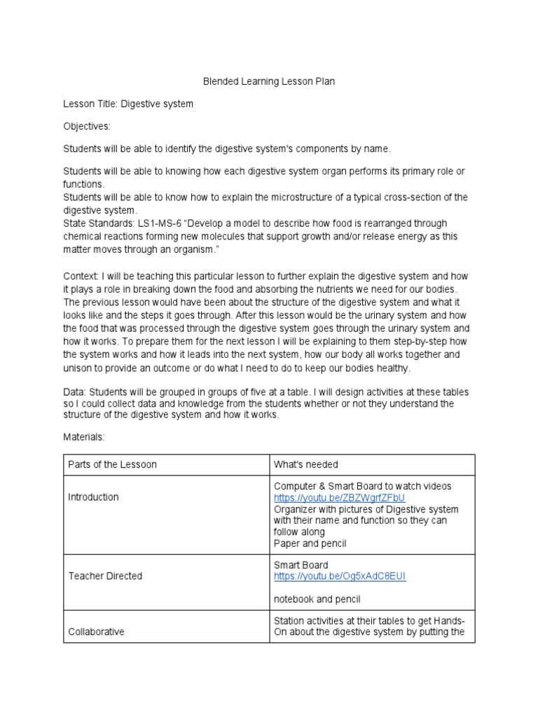 Blended Learning Lesson Plan | PDF | Digestion | Human Digestive System