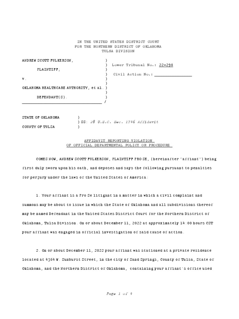 Affidavit Reporting Violation of Official Departmental Policy or ...