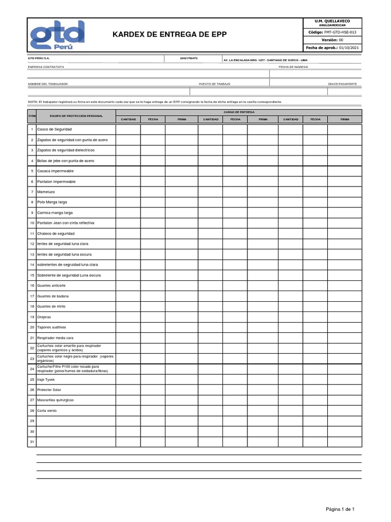 Fmt Gtd Hse 013 Kardex De Entrega De Epp Pdf