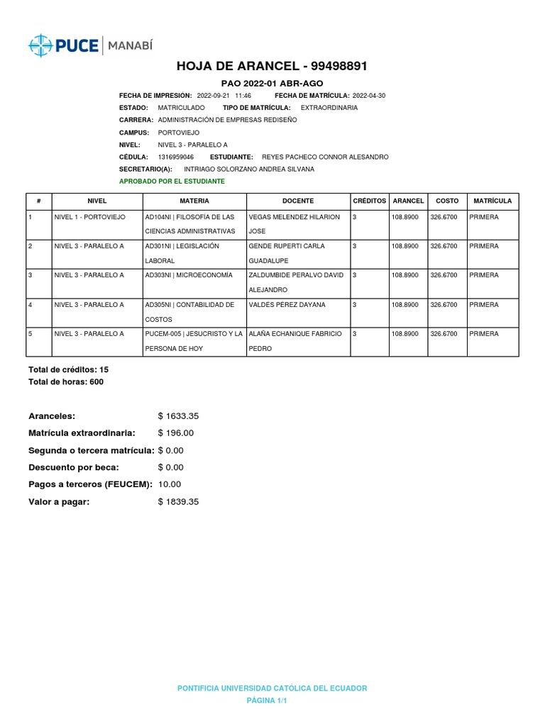 Hoja de Arancel - 99498891: Pao 2022-01 Abr-Ago | PDF