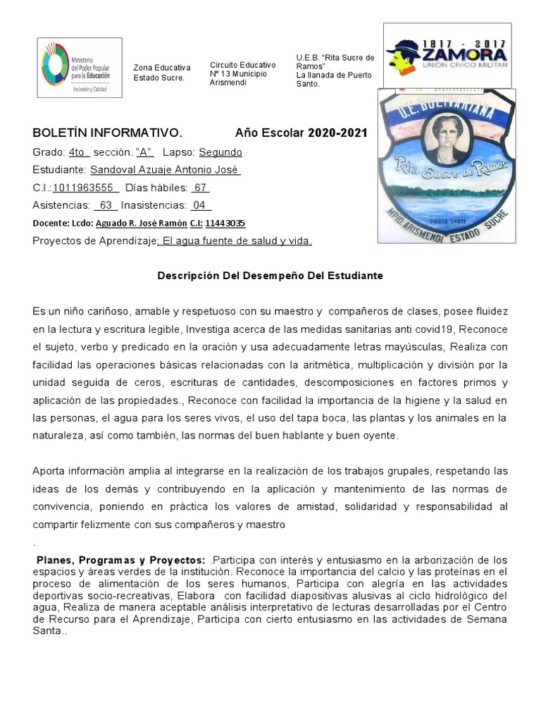 Boletin 4to Grado 2do Lapso 2020-2021 Imprimir. | PDF | Salón de clases ...
