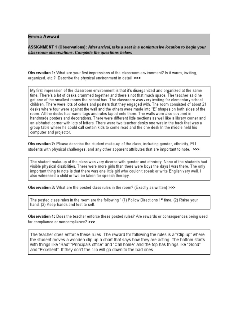 Assignment 1 Observations - Emma Awwad | PDF | Classroom