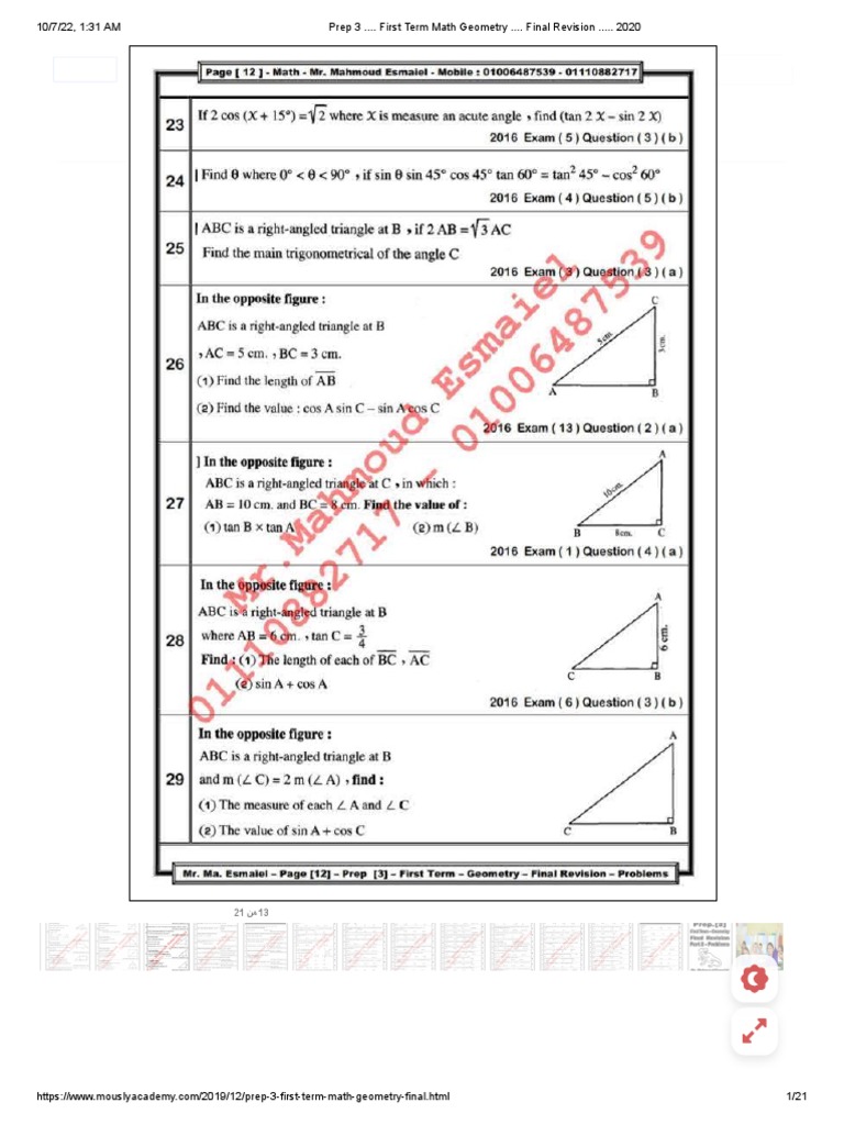 Prep 3 Geometry Final Revision 2020 | PDF | Mathematics | Science