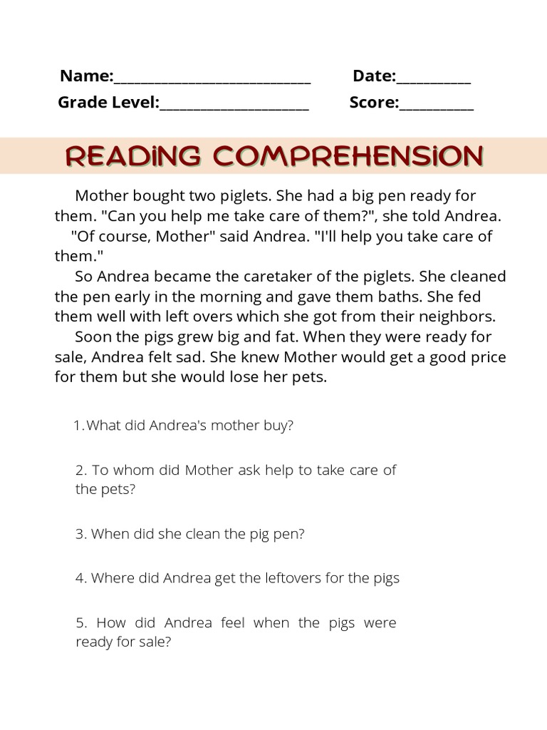 Peach Illustrative Reading Comprehension Worksheet | PDF