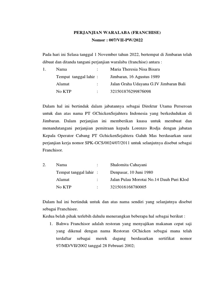 Perjanjian Waralaba Franchise | PDF