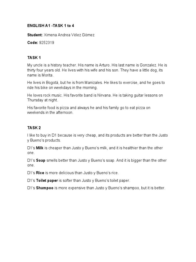 English A1 Tasks: Family, Shopping, and Hobbies | PDF | Cooking, Food & Wine | Lifestyle