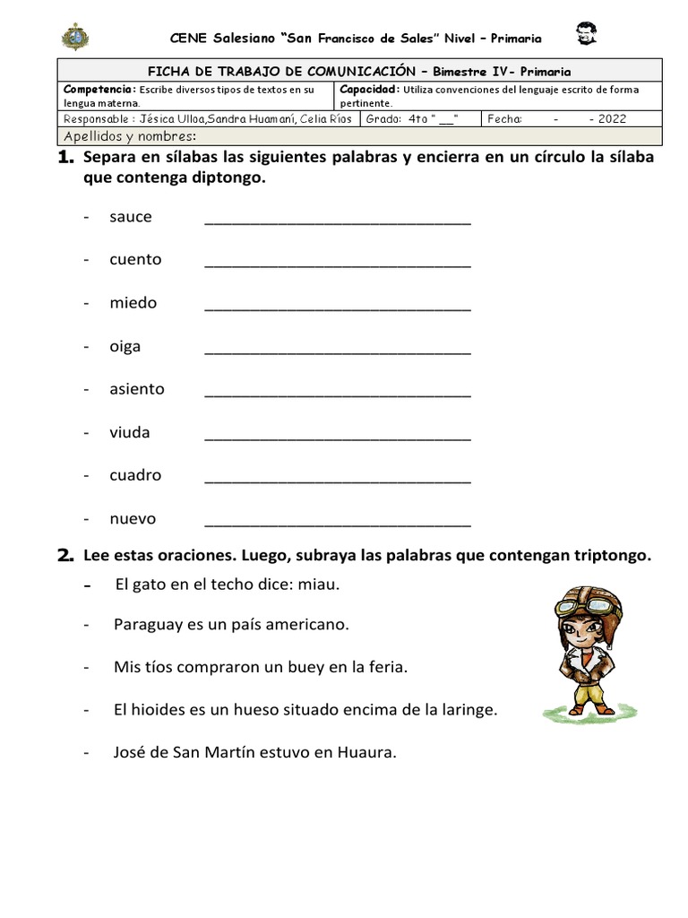 Ficha de Trabajo. Diptongo. Hiato | PDF