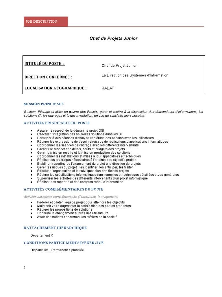 Fiche de Poste : Chef de Projet Junior | PDF | Chef de projet ...