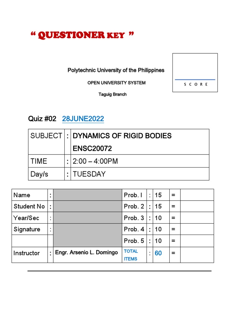 Questioner 28JUNE2022 Dynamics QUIZ 02 | PDF | Force | Physics