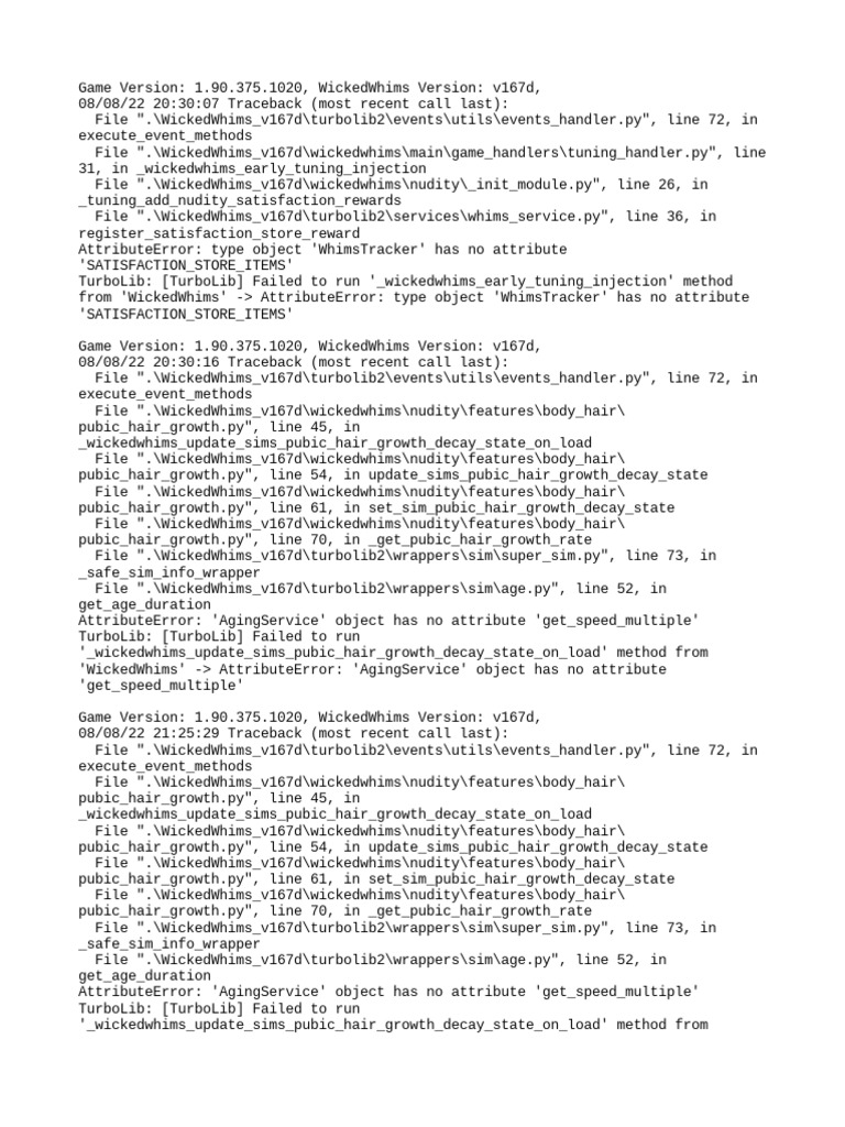 Errors encountered during WickedWhims mod update to The Sims 4 game version 1.90.375.1020 | PDF ...