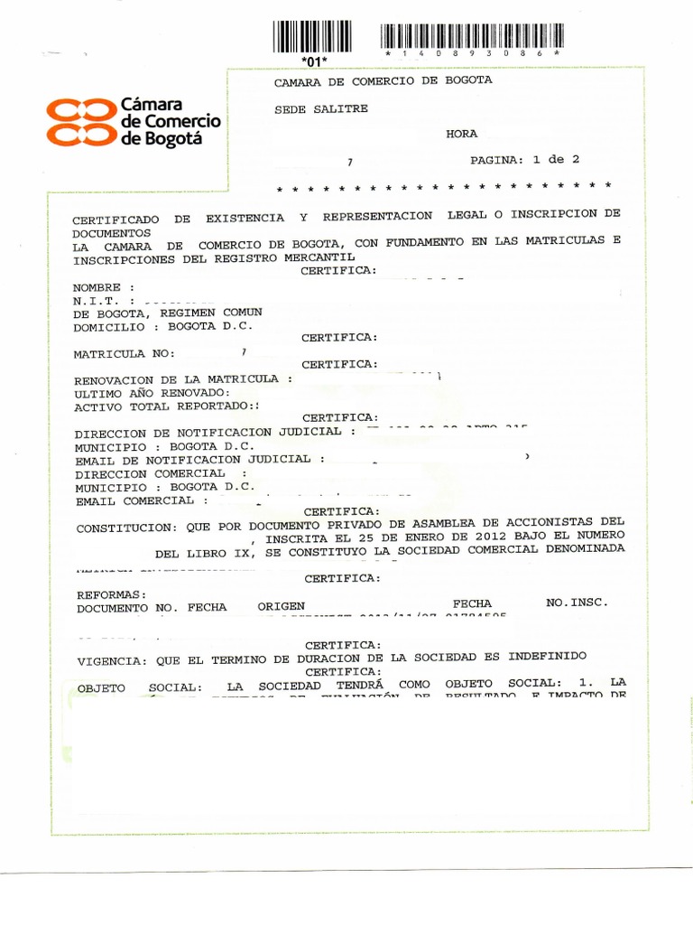 Certificado de Existencia y Representacion Legal | PDF