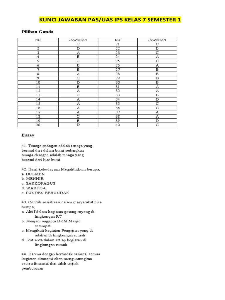 Kunci Jawaban IPS Kelas 7 Semester 1 | PDF